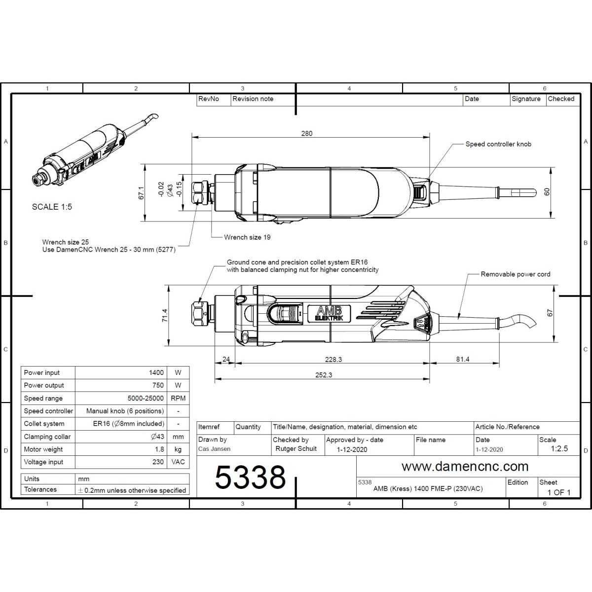 CNC- Accessories :: Spindles :: AMB (Kress) 1400 FME-P (230VAC)